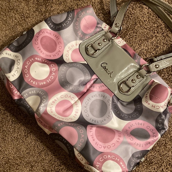 Coach | Bags | Coach Pink And Gray And Bone Colored Coach No Strap ...